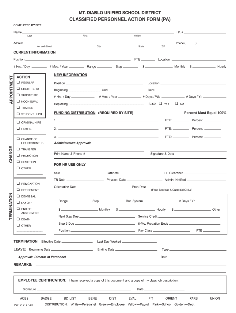 Fillable Online Bclassifiedb personnel action bformb pa - Mount Diablo ...