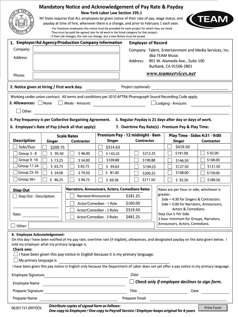 Fillable Online Mandatory Notice and Acknowledgement of Pay Rate & Fax ...