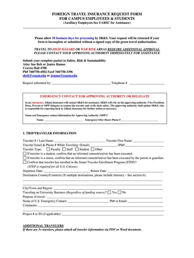 Fillable Online csusm FOREIGN TRAVEL INSURANCE REQUEST FORM FOR CAMPUS EMPLOYEES Fax Email Print ...