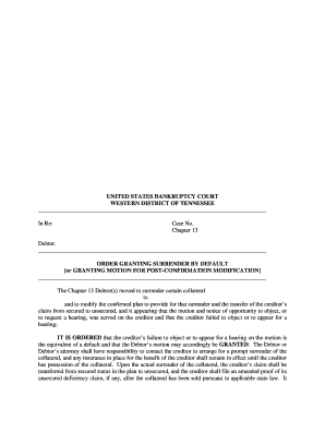 Fillable Online tnwb uscourts Misc050 - Order Granting Surrender by Default Or Granting Motion ...