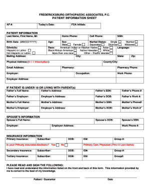 Fillable Online Patient information sheet - Fredericksburg Orthopaedic ...