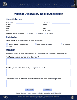 Fillable Online astro caltech Palomar Observatory Docent Application ...