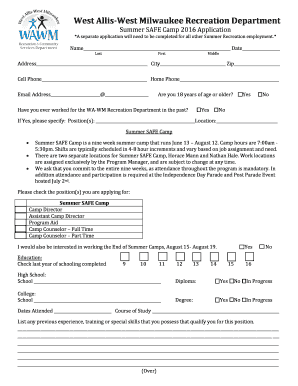 Fillable Online Summer SAFE Camp 2016 Application Fax Email Print ...