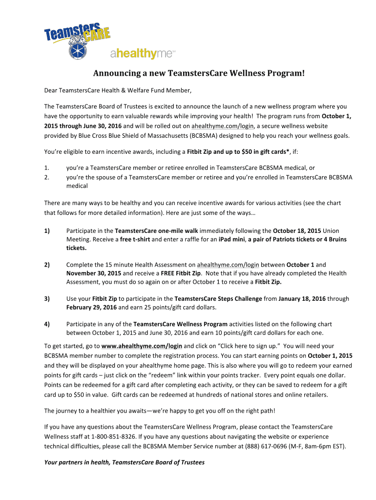 Fillable Online Announcing a new TeamstersCare Wellness Program Fax ...