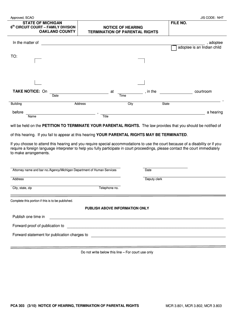 Fillable Online Approved, SCAO th JIS CODE: NHT STATE OF MICHIGAN FILE ...