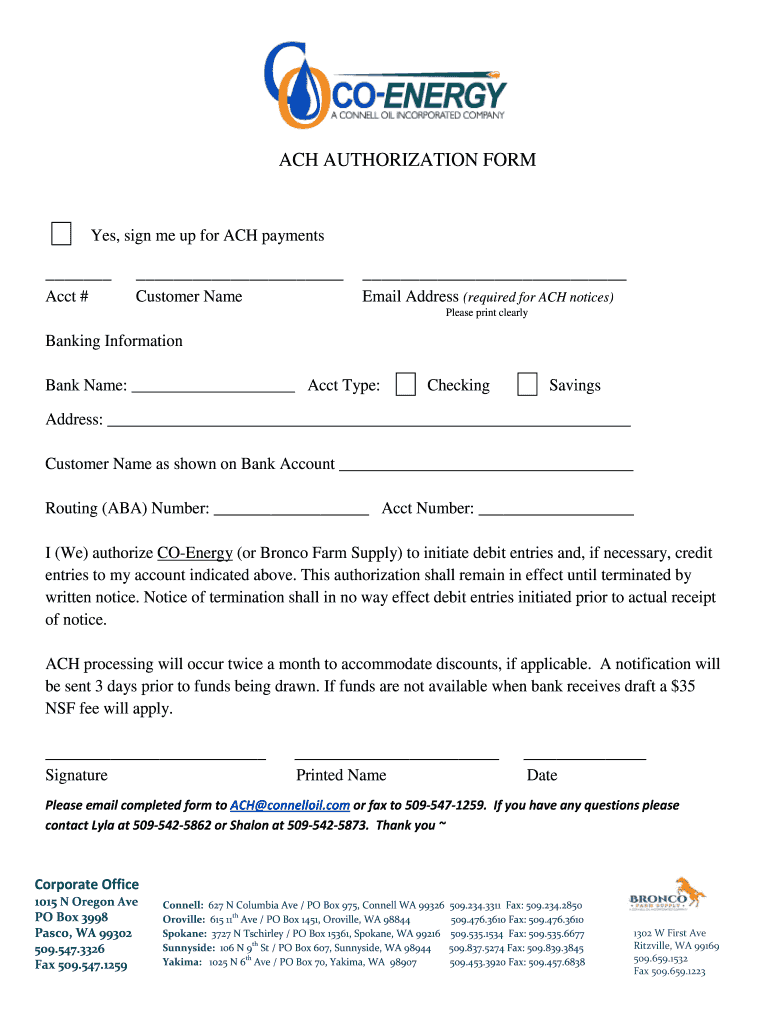 Fillable Online ACH AUTHORIZATION FORM - Connell Oil Fax Email Print ...