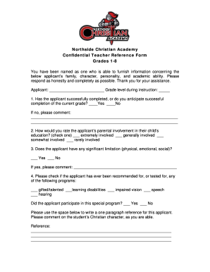 Fillable Online northsidechristianacademy NCA Teacher reference form - northsidechristianacademy ...