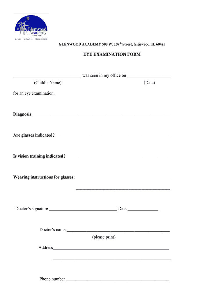 Fillable Online glenwoodacademy Eye Exam Form - glenwoodacademyorg Fax ...