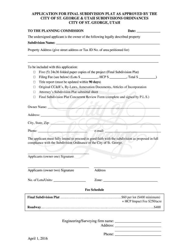Fillable Online sgcity Final Subdivision Plat Application Cover - sgcityorg Fax Email Print ...