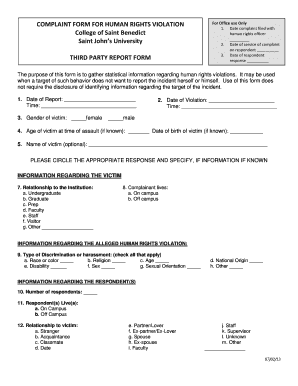 Fillable Online csbsju Complaint for Human Rights Violation 3rd party ...