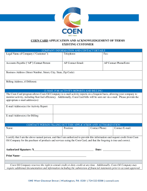 Fillable Online COEN CARD APPLICATION AND ACKNOWLEDGEMENT OF TERMS Fax ...
