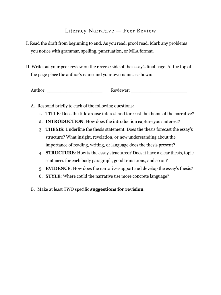 Fillable Online Literacy Narrative Peer Review Fax Email Print - pdfFiller