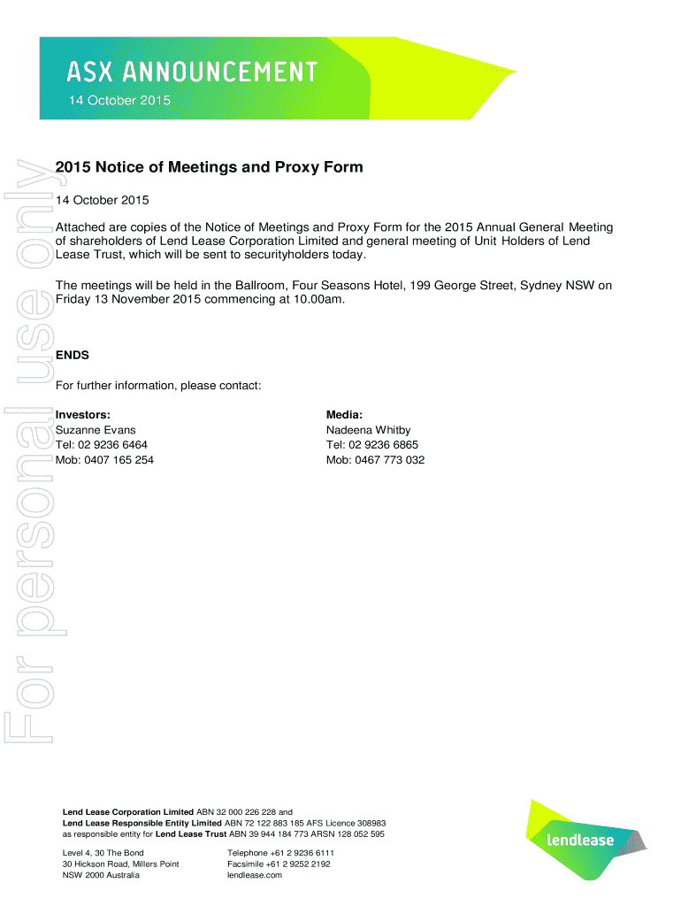 Fillable Online asx com 2015 Notice of Meetings and Proxy Form For ...
