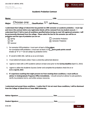 Fillable Online liberalartscommunity tamu Academic Probation Contract ...