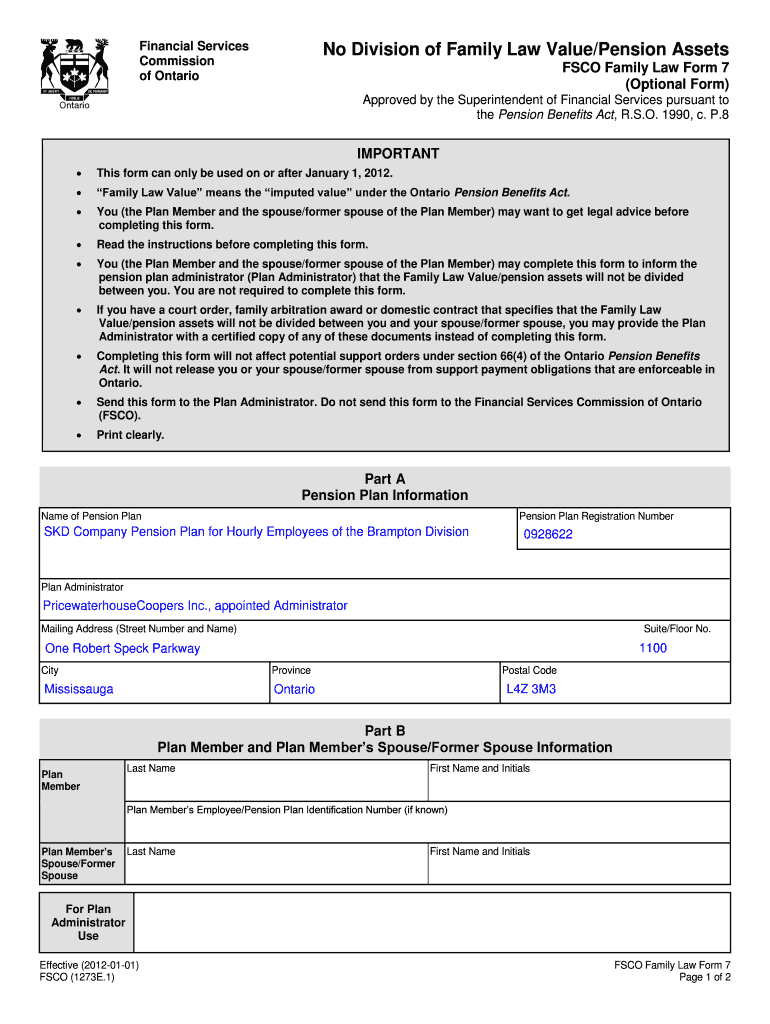 Fillable Online No Division of Family Law Value/Pension Assets-FSCO ...