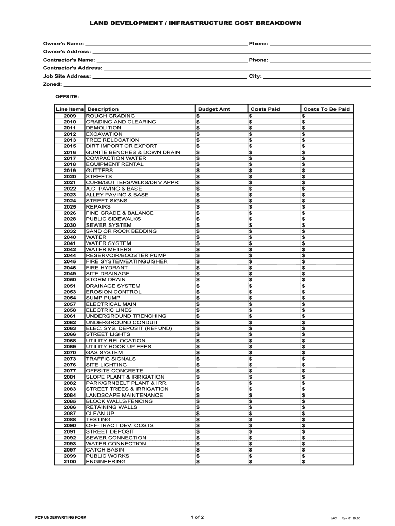 Fillable Online Land Devt-Infrastructure COST BREAKDOWN 011905xls Fax ...