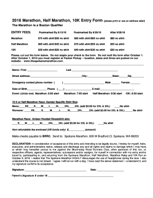 Fillable Online 2016 Marathon Half Marathon Five Mile Entry Form please ...
