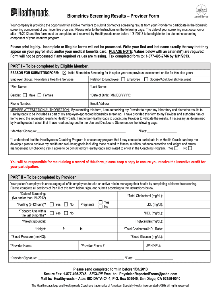 Fillable Online Biometrics Screening Results Provider Form Fax Email ...
