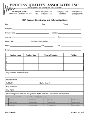 Fillable Online PQA Seminar Registration and Information Sheet Fax ...
