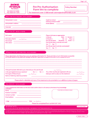Fillable Online animalfriends co Pet Pre-Authorisation Form Vet to ...