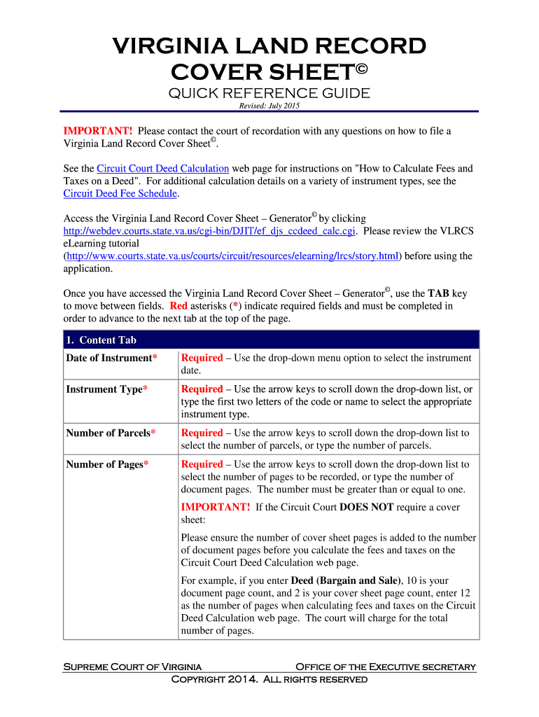 Fillable Online courts state va Virginia Land Record Cover Sheet Quick ...