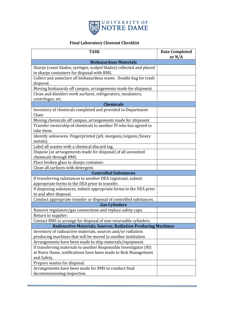 Fillable Online Final Laboratory Closeout Checklist TASK Date Completed or Fax Email Print ...