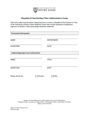 Fillable Online Hepatitis B VaccinationTiter Authorization Form Fax ...