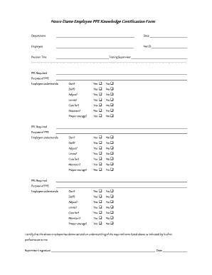 Fillable Online Notre Dame Employee PPE Knowledge Certification Form ...