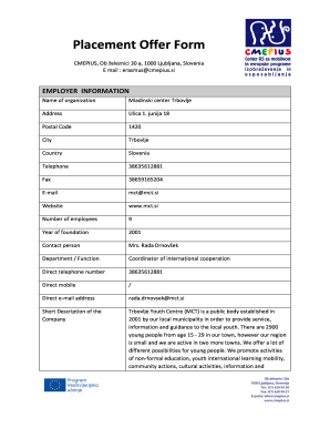 Fillable Online Placement Offer Form SI mladinski center trbovlje Fax Email Print - pdfFiller