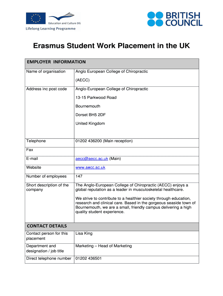 Fillable Online Work Placement Offer Form from AECC - Marketing Intern Fax Email Print - pdfFiller