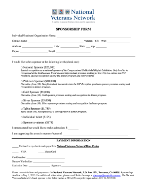 Fillable Online SPONSORSHIP FORM - nationalveteransnetworkcom Fax Email ...