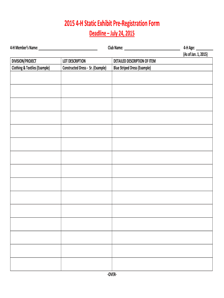 Fillable Online stanleycounty 2015 4H Static Exhibit PreRegistration ...