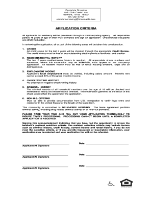 Fillable Online Application criteria - Cantebria Crossing Fax Email ...