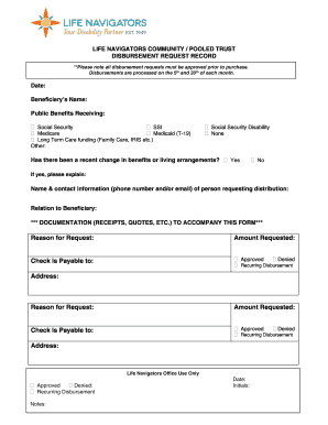 Fillable Online lifenavigators LIFE NAVIGATORS COMMUNITY POOLED TRUST DISBURSEMENT Fax Email ...