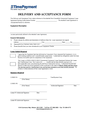 Fillable Online This Delivery and Acceptance Form makes reference to ...