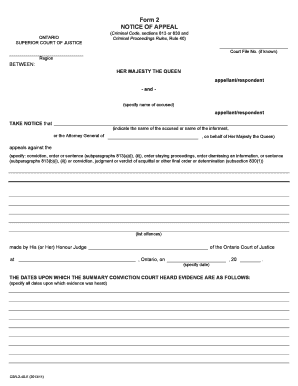 Fillable Online ontariocourtforms on Form 2 NOTICE OF APPEAL Form 2 ...
