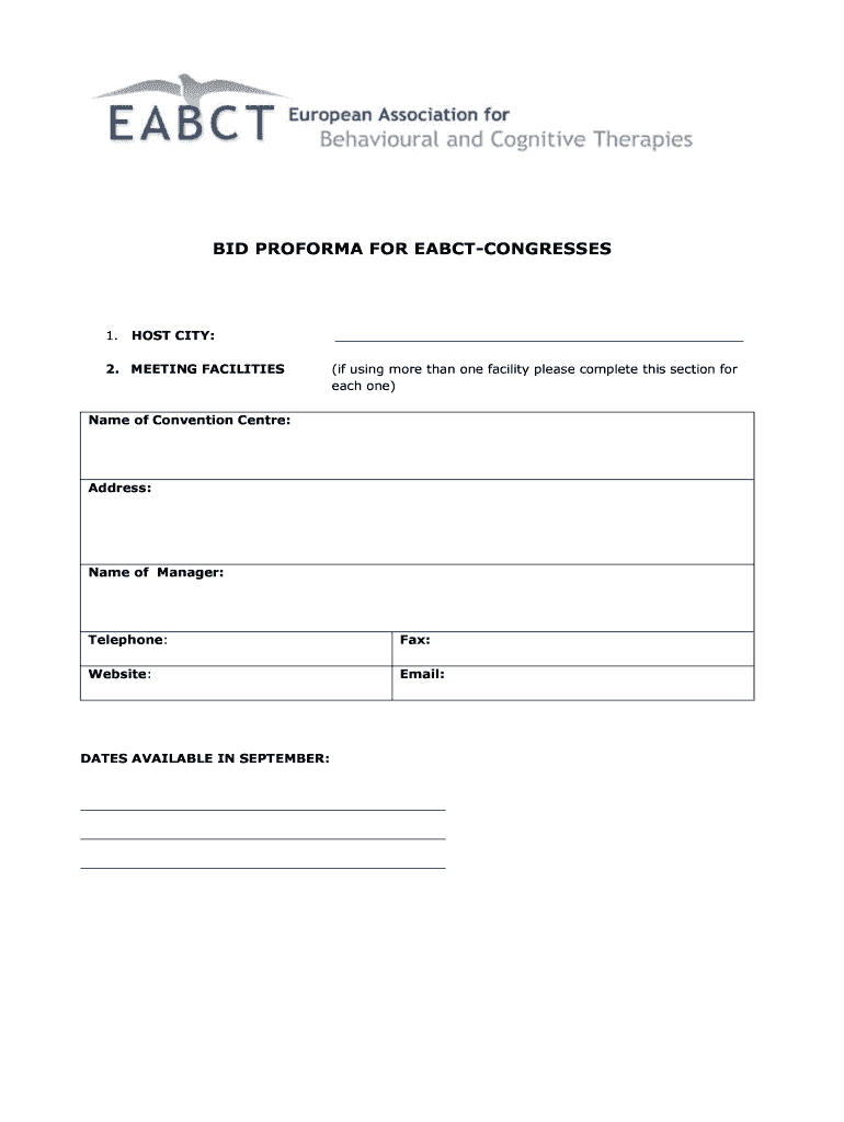 Fillable Online eabct BID PROFORMA FOR EABCT-CONGRESSES - eabct Fax ...