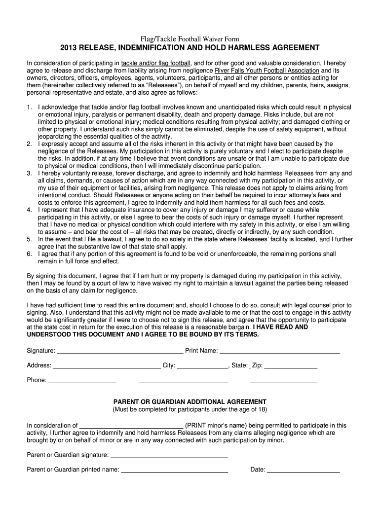 Fillable Online FlagTackle Football Waiver Form Fax Email Print - pdfFiller
