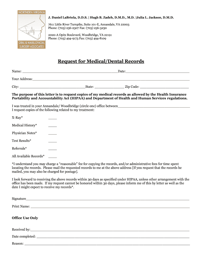 Fillable Online BRequestb for bMedicalbDental bRecordsb Fax Email Print ...