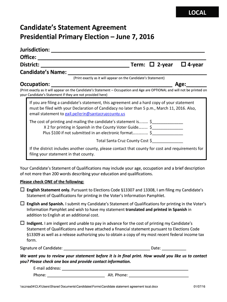 Fillable Online CANDIDATES STATEMENT AGREEMENT Fax Email Print - pdfFiller