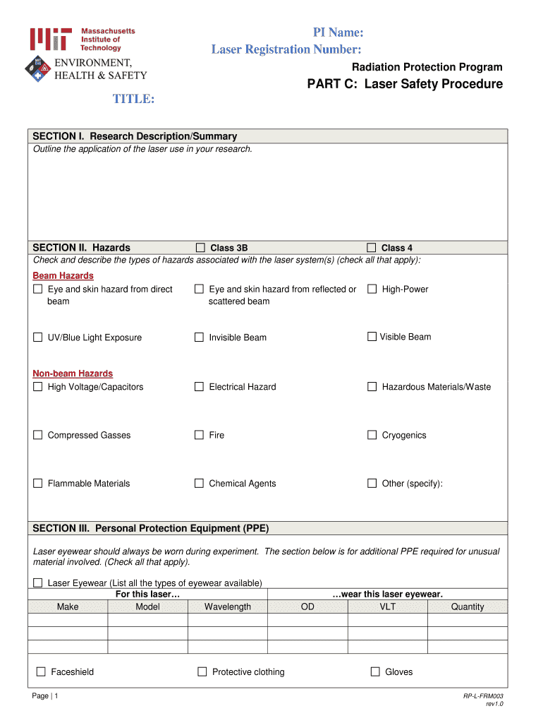 Fillable Online ehs mit PI Name Laser Registration Number Fax Email ...