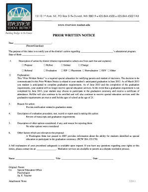 Fillable Online riverview wednet PRIOR WRITTEN NOTICE - Riverview ...