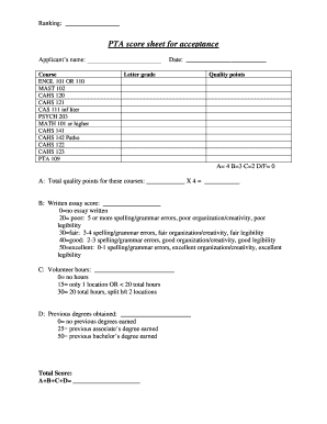 Fillable Online blueridgectc PTA score sheet for acceptance ...