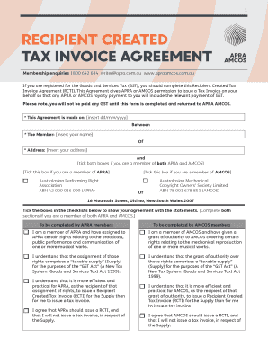 Fillable Online RECIPIENT CREATED TAX INVOICE AGREEMENT Fax Email Print ...