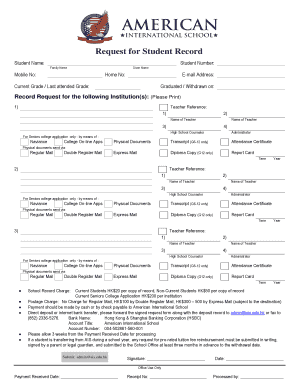 Fillable Online ais edu Request for Student Record - aiseduhk Fax Email ...