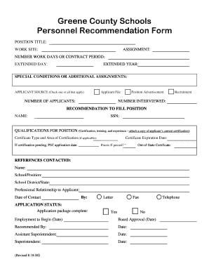 Fillable Online Greene County Schools Personnel Recommendation Form Fax ...