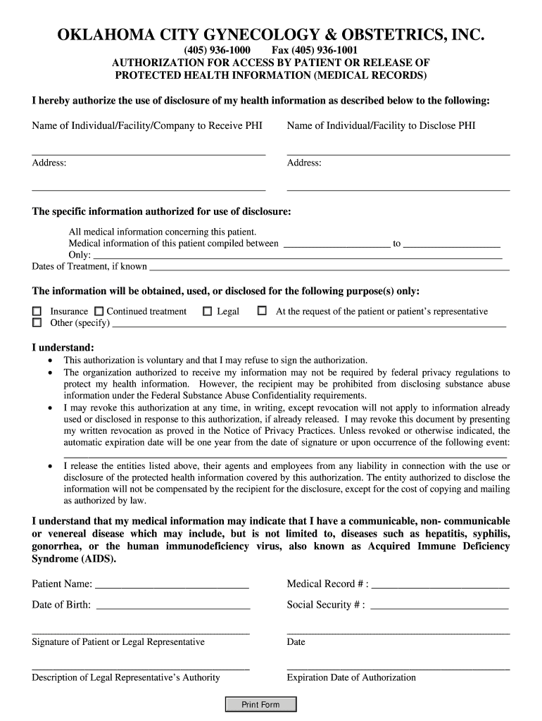 Fillable Online OKLAHOMA CITY GYNECOLOGY & OBSTETRICS, INC Fax Email ...