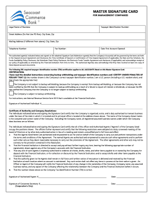 Fillable Online MASTER SIGNATURE CARD Fax Email Print - pdfFiller