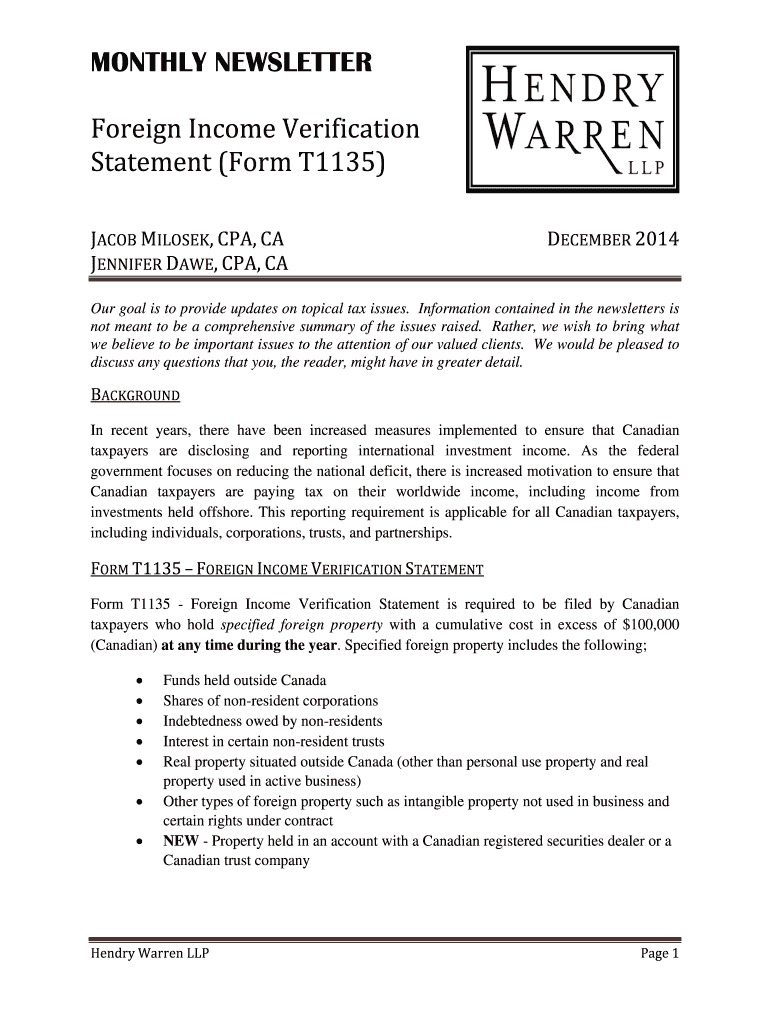 Fillable Online Foreign Income Verification Statement Form T1135 Fax Email Print - pdfFiller