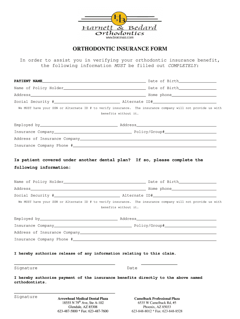 Fillable Online ORTHODONTIC INSURANCE FORM - Glendale Phoenix Fax Email ...